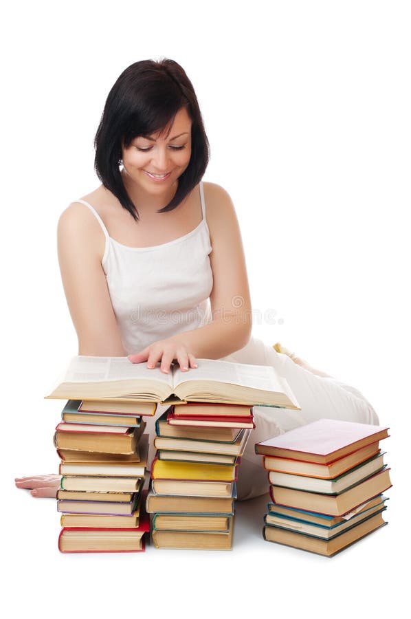 Young Smiling Woman with Heap of Books Stock Photo - Image of clothing ...