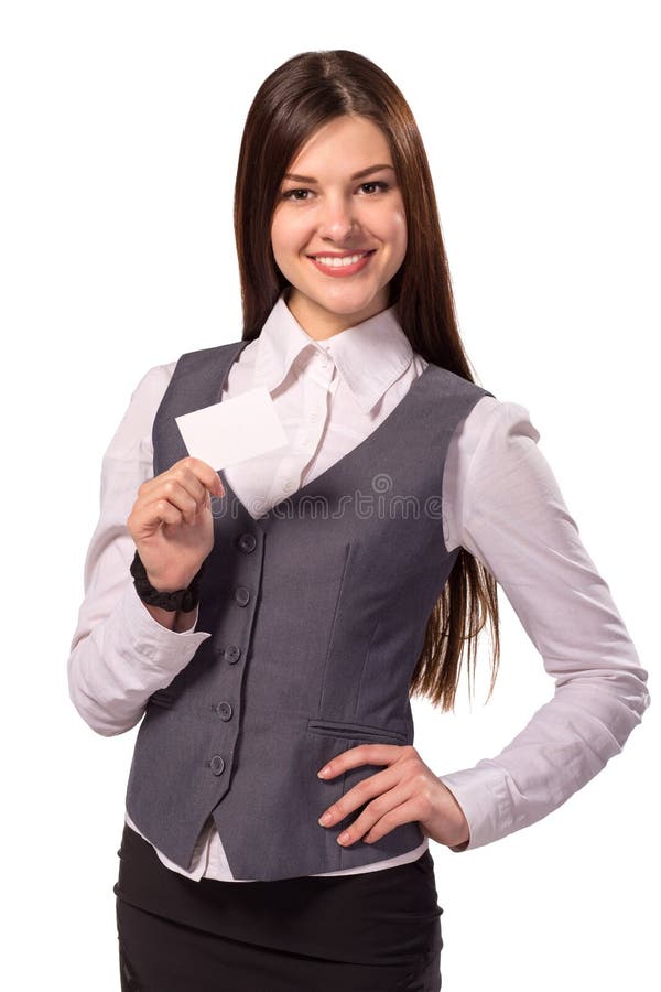 Young Smiling Woman With Blank Board Placard, Strict Clothing Stock ... Young Smiling Woman With Blank Board Placard, Strict Clothing Stock ...