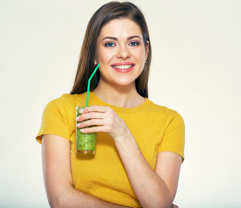 Young Smiling Woman Holding Smoothie Glass With Green Straw Stock