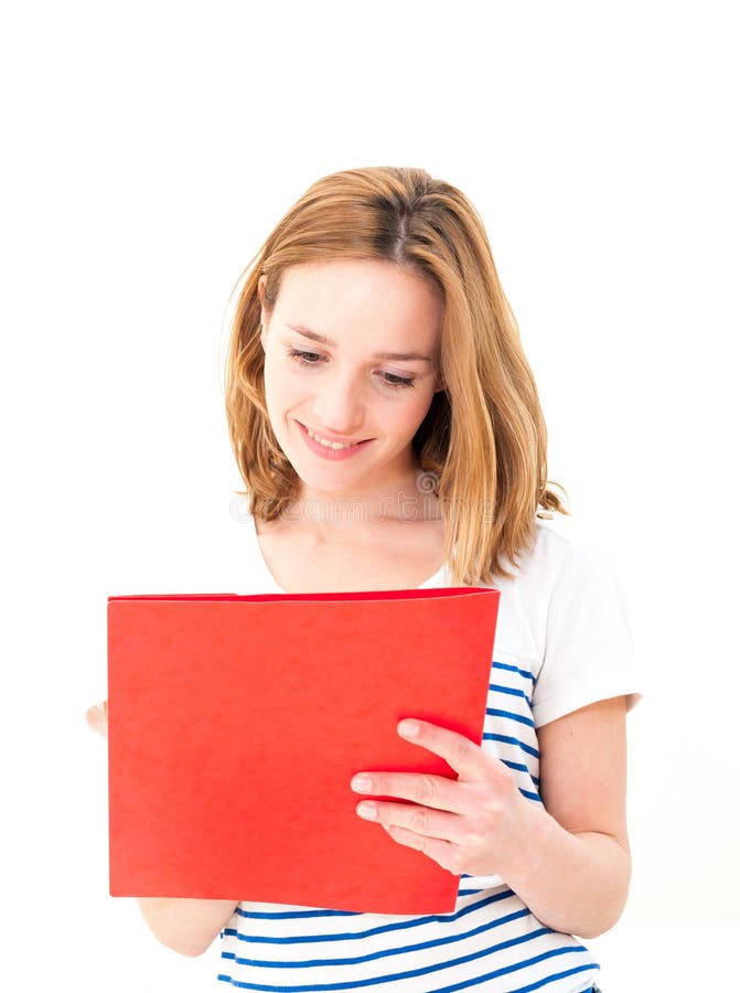 Young Smiling Woman Reading Folders Stock Photo - Image of cute, casual ...
