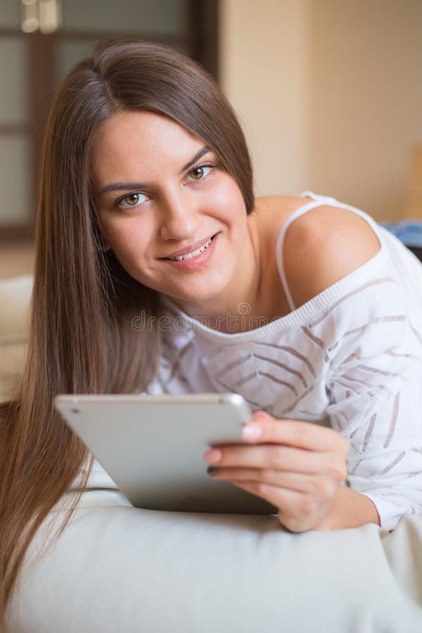 Young Smiling Woman with Tab Stock Image - Image of beautiful, happy ...