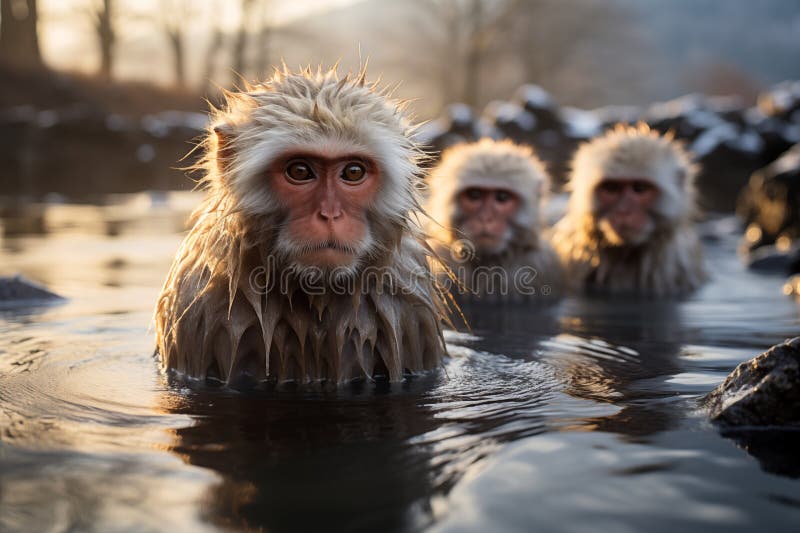 Young Snow Monkeys Sit in a Hot Spring in Winter Stock Illustration ...