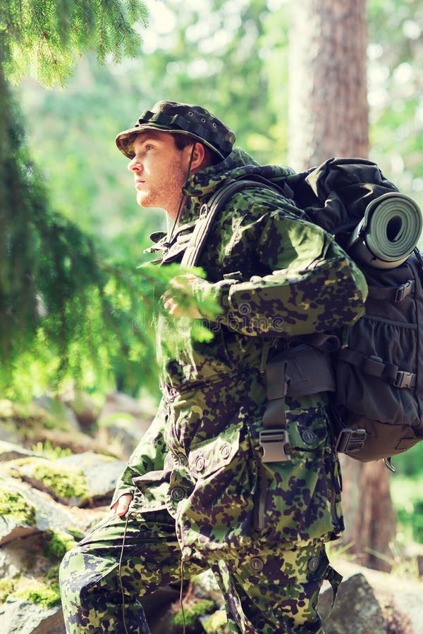 Young Soldier with Backpack in Forest Stock Image - Image of enemy ...