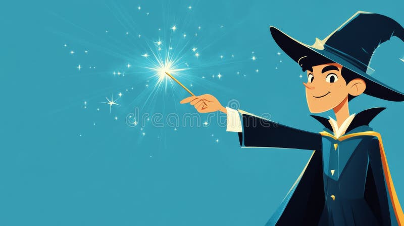Young Sorcerer Casting Magic Spell with Wand on Blue Background Stock ...