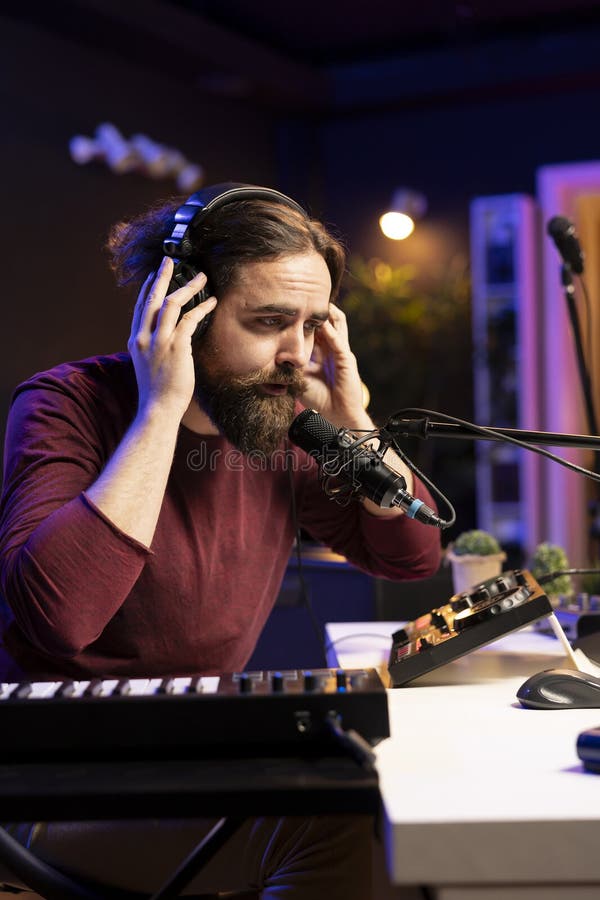Young Sound Engineer Using Headphones To Do Audio Recording Session ...