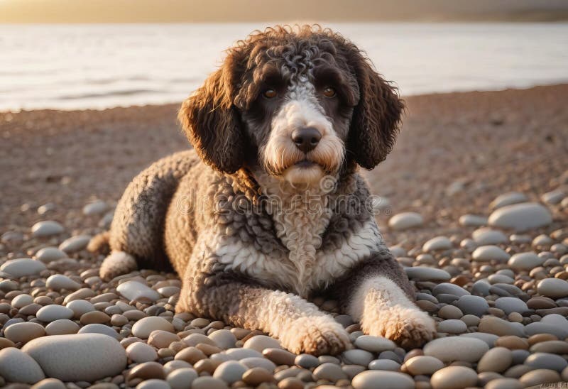 Young Spanish Water Dog Lies Resting on a Pebble Beach Stock ...