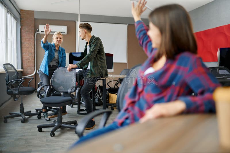 Young it Specialist Greet Each Other in Office Stock Image - Image of ...