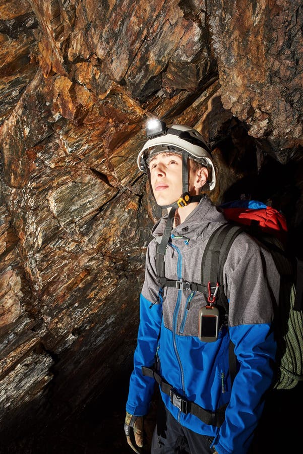 Cave Exploration with Helmet and Headlight Stock Photo - Image of ...