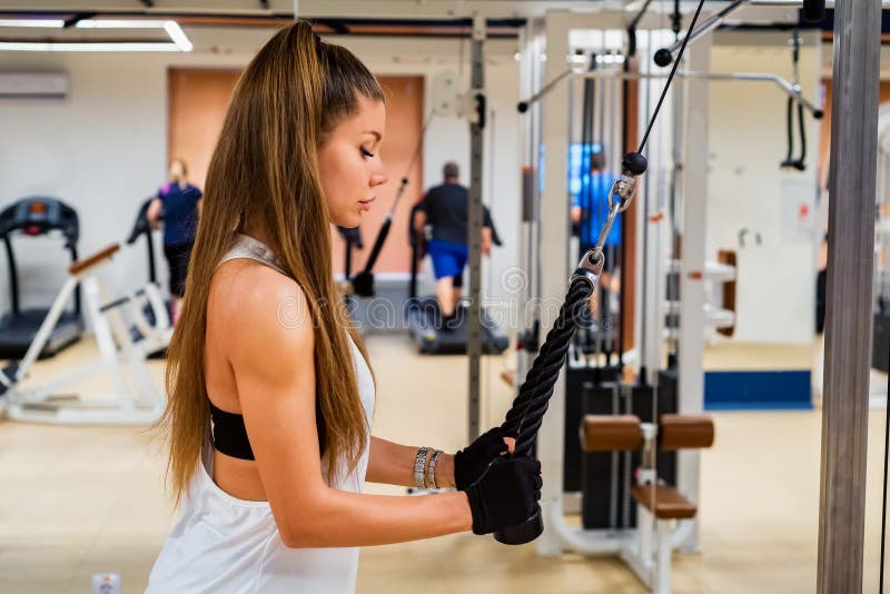 Young Sportswoman Does Lat Pull Down Exercise in Gym Stock Photo ...