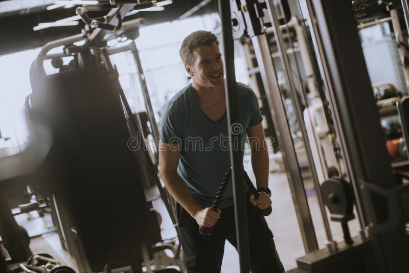 Young Sporty Man Working Out on Pull-down Machine in Gym Stock Photo ...