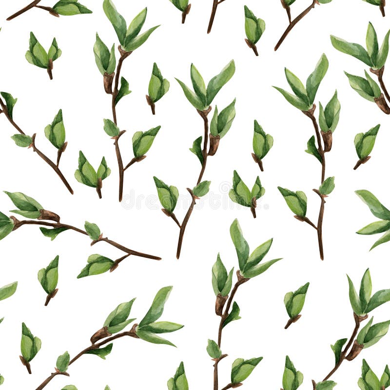Young Spring Tree Branches Watercolor Seamless Pattern Stock ...