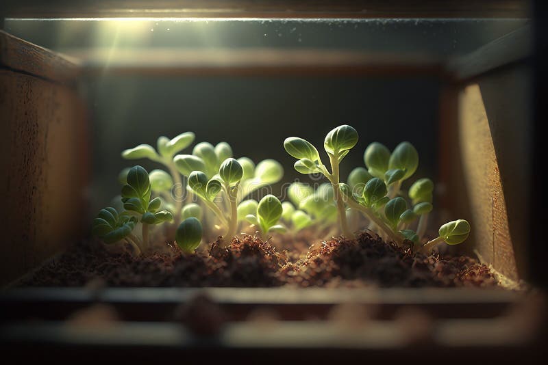 Young Sprouts Growing in Small Indoor Greenhouse in Spring Stock ...