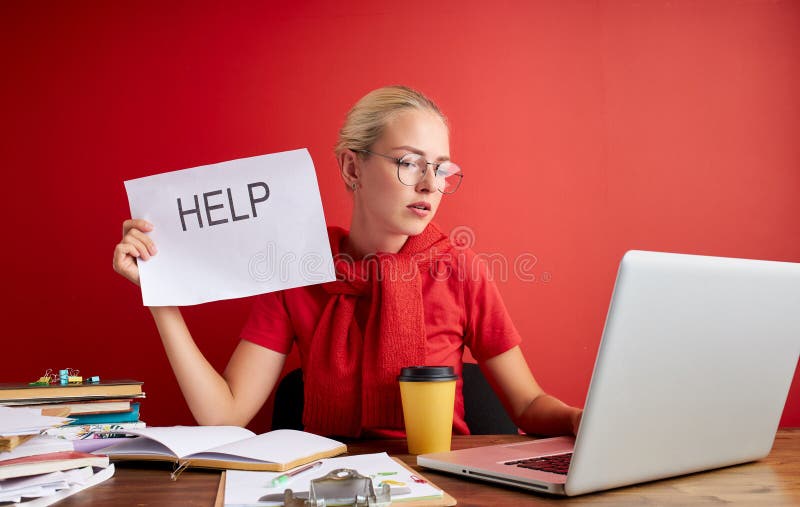 Young Stressed Female Working with Computer Laptop in Frustration ...