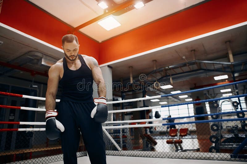 Young Strong Boxer Standing on the Ring, Looking Down, Being Tired ...