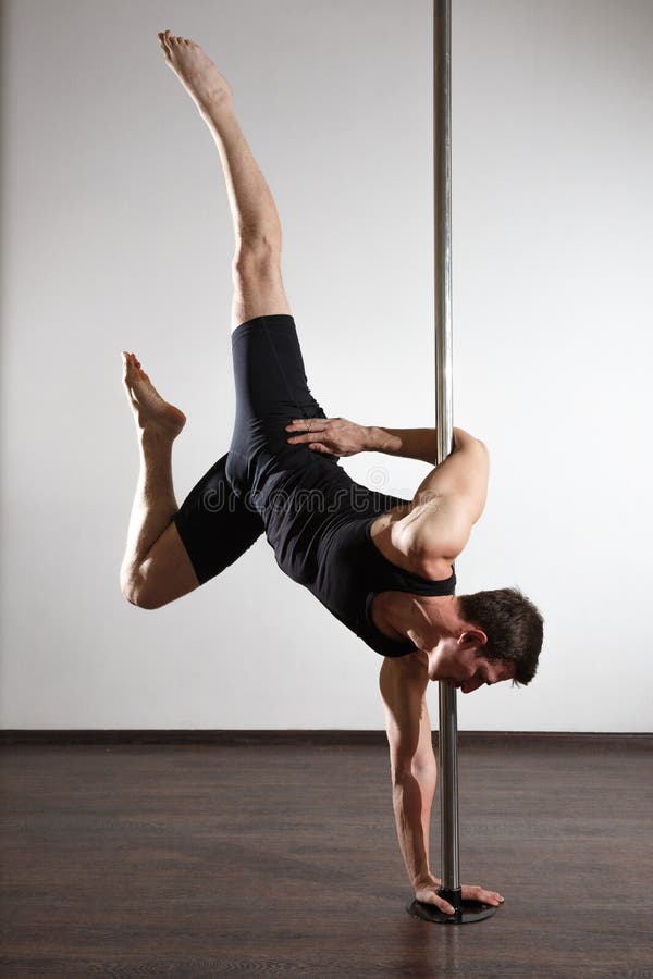 Young Strong Pole Dancer Smiling Man Black Clothes Pylon White