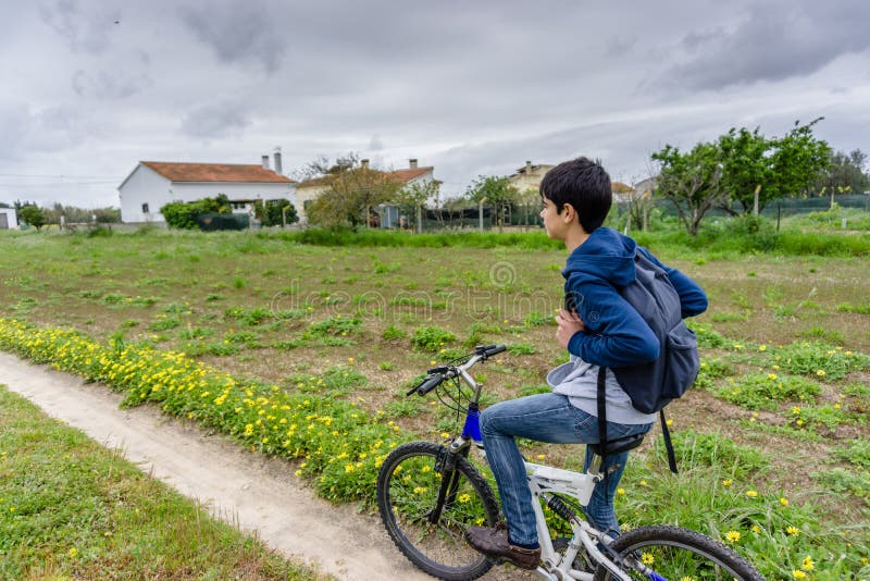Young Student with Backpack and Bicycle. Go To School Stock Image ...