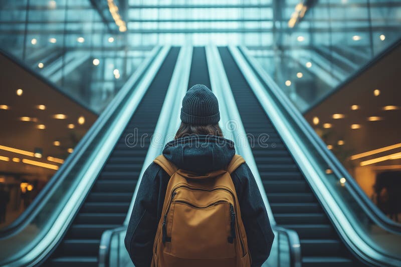 Student Looking Up at Escalators in Modern Building Contemplating ...