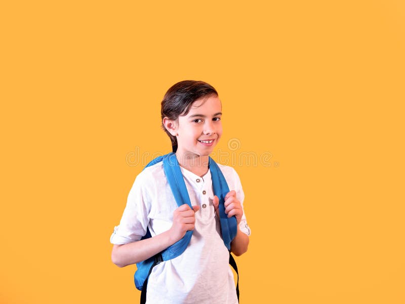 Young Student with Backpack on Orange Background Stock Image - Image of ...