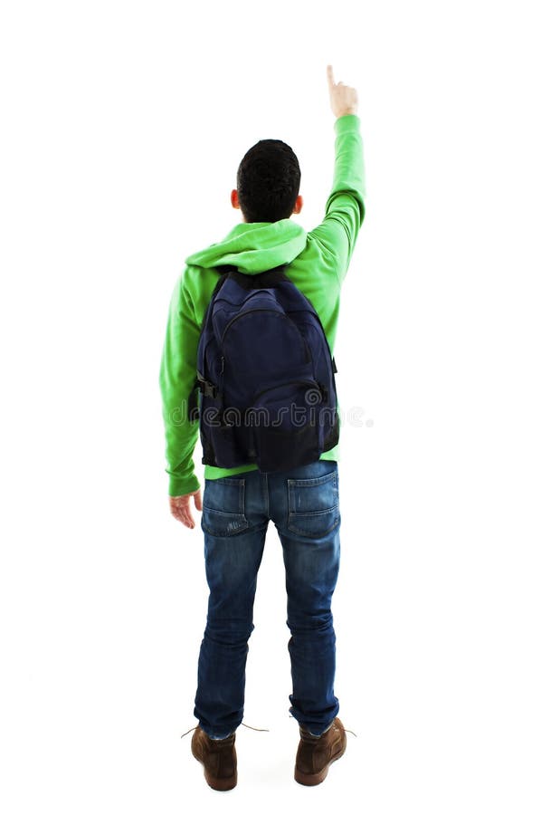 Young Student with Backpacks Pointing at Wall. Back View Stock Image ...