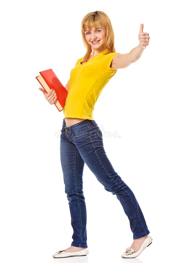 Young Student with Book in Hand Giving Thumb-up Gesture, Isolate Stock ...