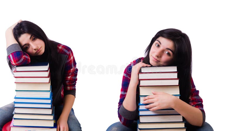 Young Student with Books Isolated on White Stock Image - Image of stack ...