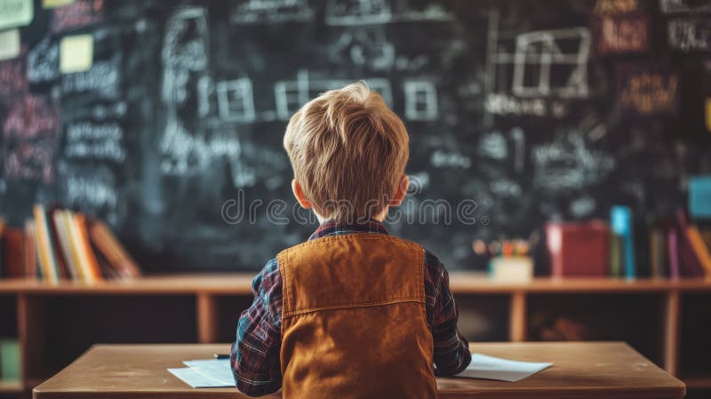 Young Student Boy is in a Classroom Writing Notes on Paper, Facing a ...