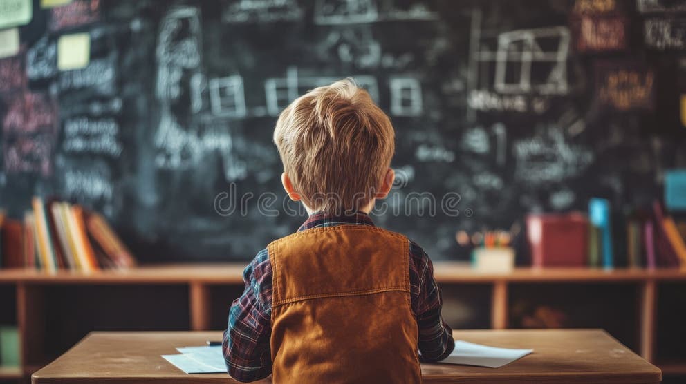 Young Student Boy is in a Classroom Writing Notes on Paper, Facing a ...