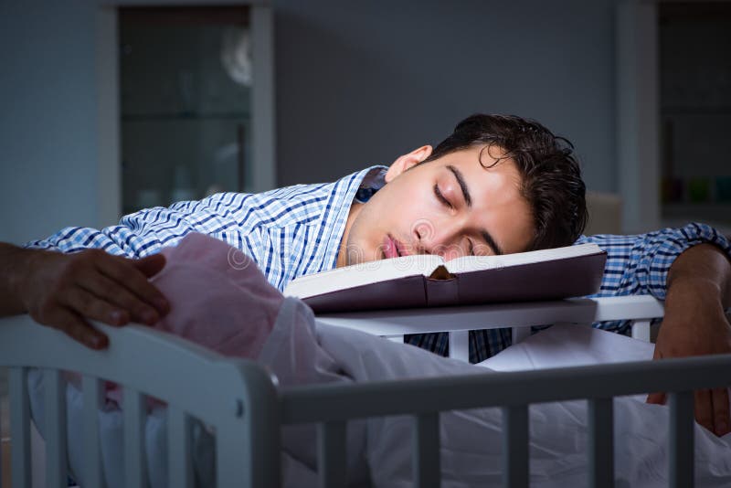 The Young Student Doing Homework and Looking after Newborn Baby Stock ...