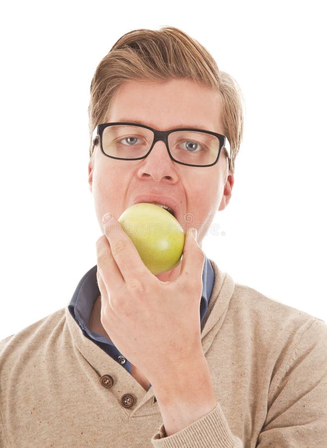 Young Man Eating an Apple Isolated Stock Photo - Image of healthy ...