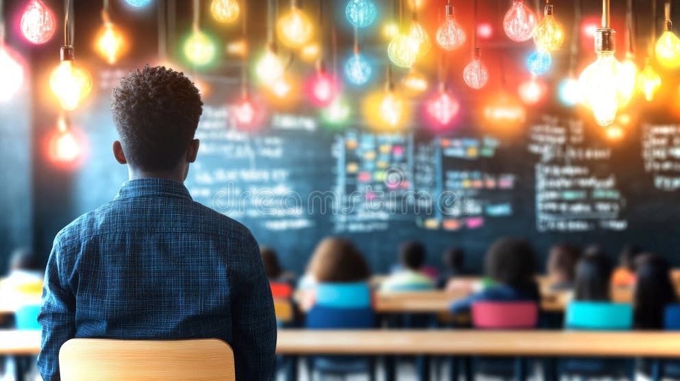 Young Student Engaging in Learning Surrounded by Colorful Lights and ...