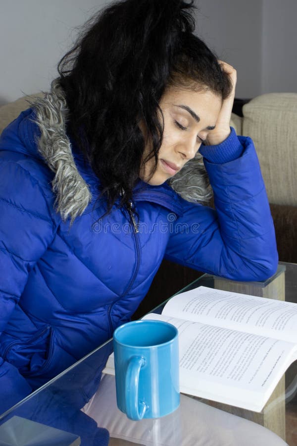 Young Student Girl Cold at Home and Depressed Dressed in Blue ...