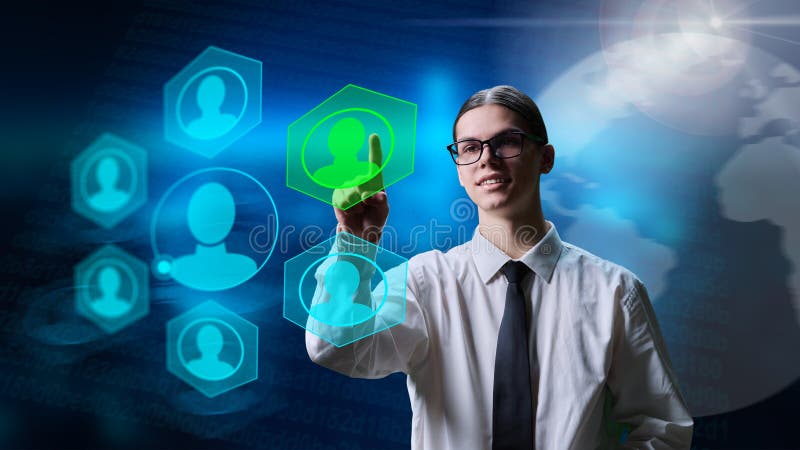 Young Student Guy Communicating Online Touching Contact on Digital ...