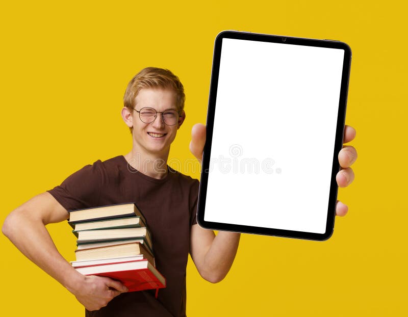 Young Student Holding a Tablet PC with a White Blank Screen, Surrounded ...