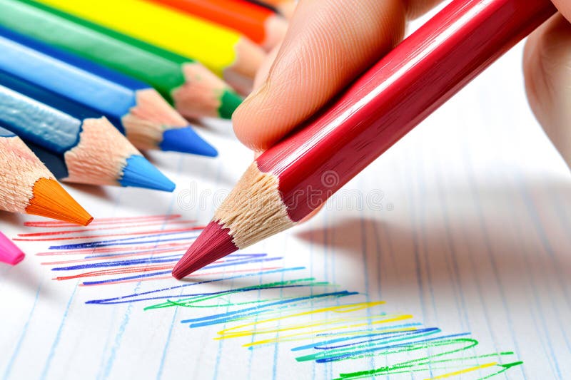 A Young Student Holds a Red Pencil while Drawing on Paper, Engaged in a ...