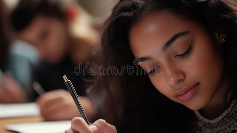 A Focused Student Writing Notes in a Classroom during a Lecture in the ...