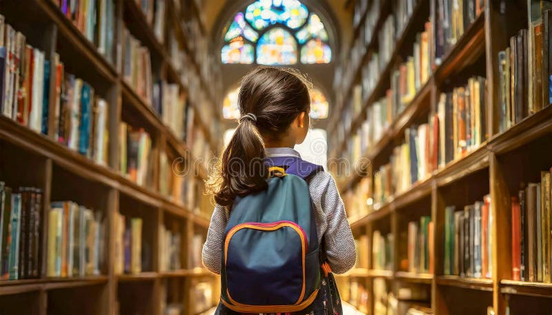 Young Student in a Large Library Full of Books - Generative Ai Stock ...