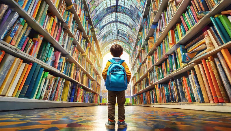 Young Student in a Large Library Full of Books - Generative Ai Stock ...