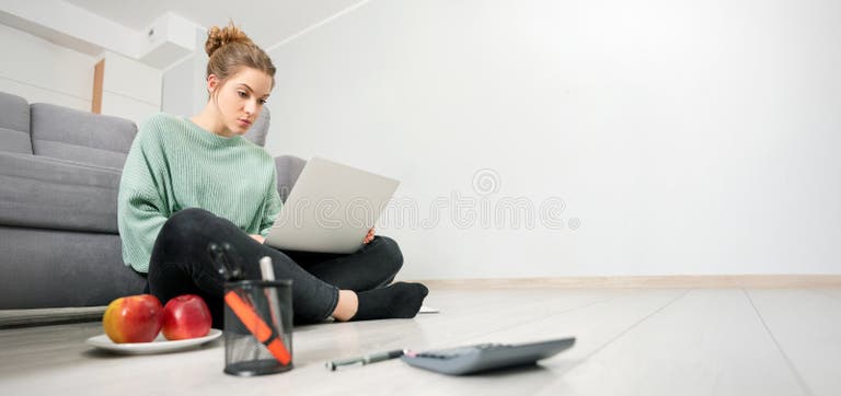 Young Student Learns at Home on the Floor Stock Photo - Image of female, freelancer: 380971628