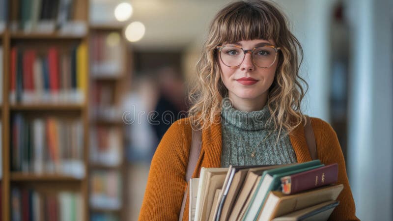 Young Student in a Library Holding Pile of Books with Open Bookshelf ...