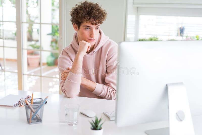 Young Student Man Using Computer Serious Face Thinking about Question ...