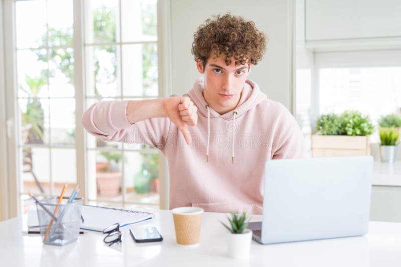 Young Student Man Working and Studying Using Computer Laptop with Angry ...