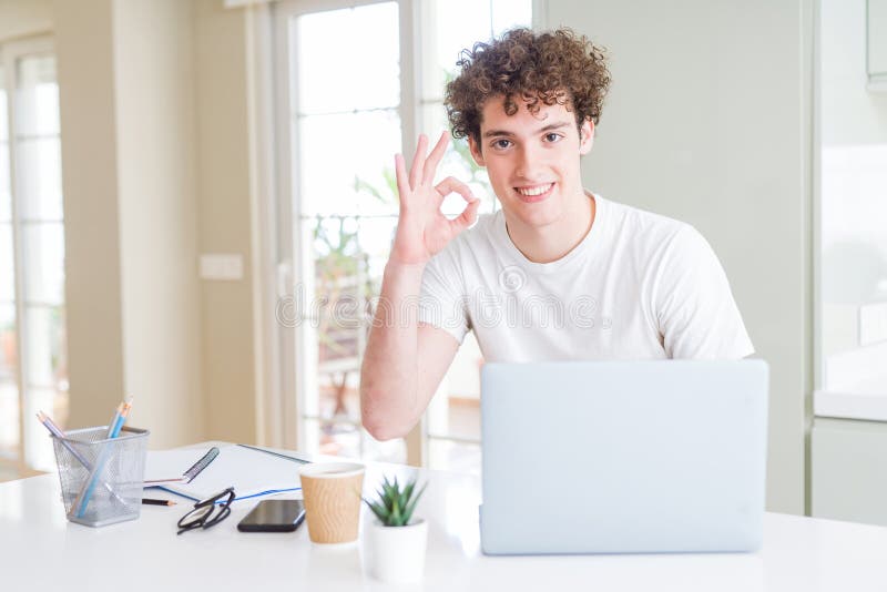 Young Student Man Working and Studying Using Computer Laptop Doing Ok ...