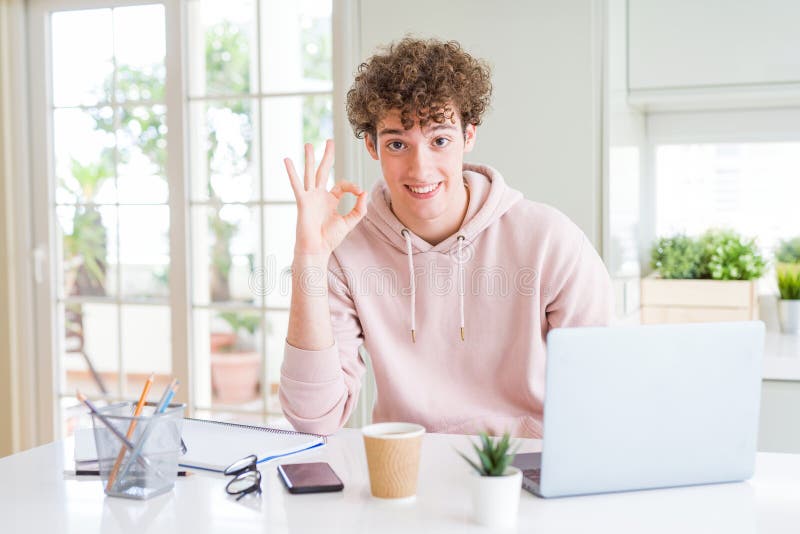Young Student Man Working and Studying Using Computer Laptop Doing Ok ...