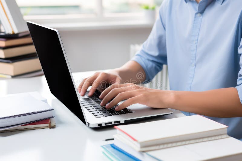 Young Student Person Studying with Laptop and Book in the School ...