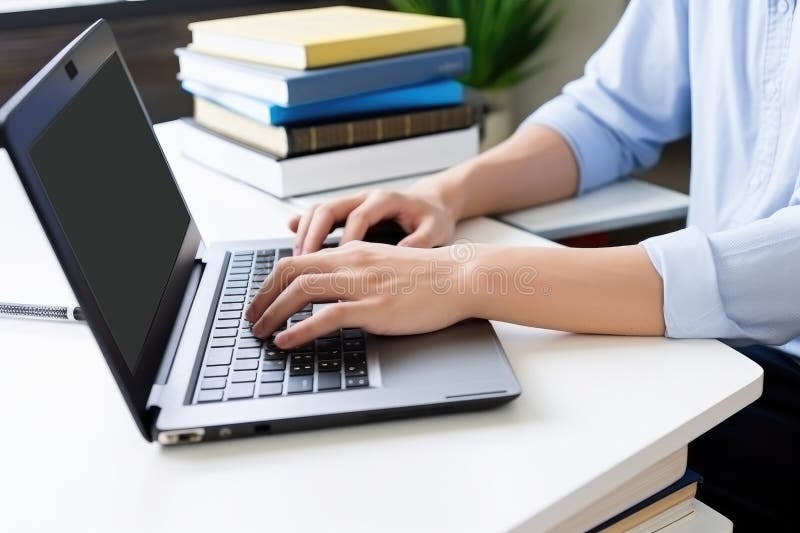 Young Student Person Studying with Laptop and Book in the School ...