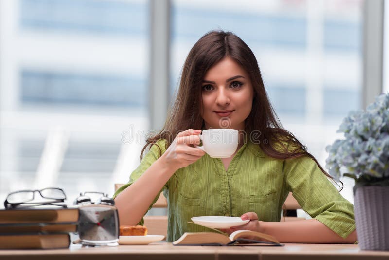 The Young Student Preparing for Exams Drinking Tea Stock Image - Image ...