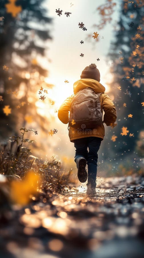Child Running in Forest with Falling Puzzle Pieces Representing Autism ...
