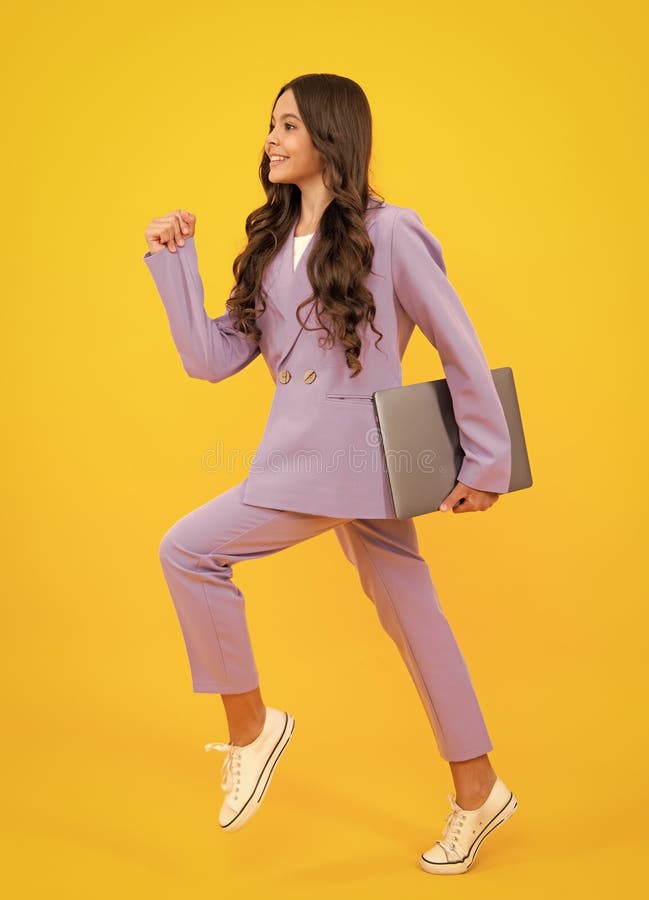 Young Student School Girl, Studying with Laptop Computer. E-learning ...