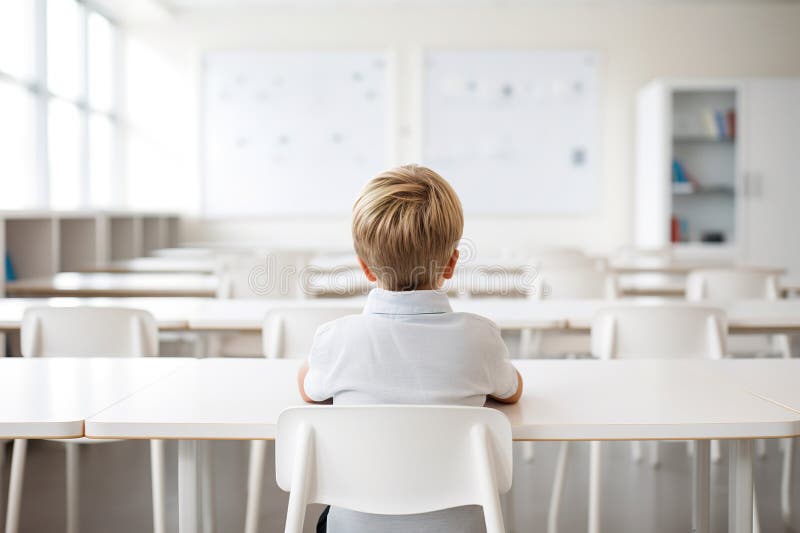 Young Student Seated in a Bright, Modern Classroom, Seen from Behind ...