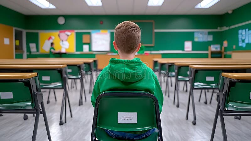 Student in Classroom Setting with Empty Desks Stock Illustration ...